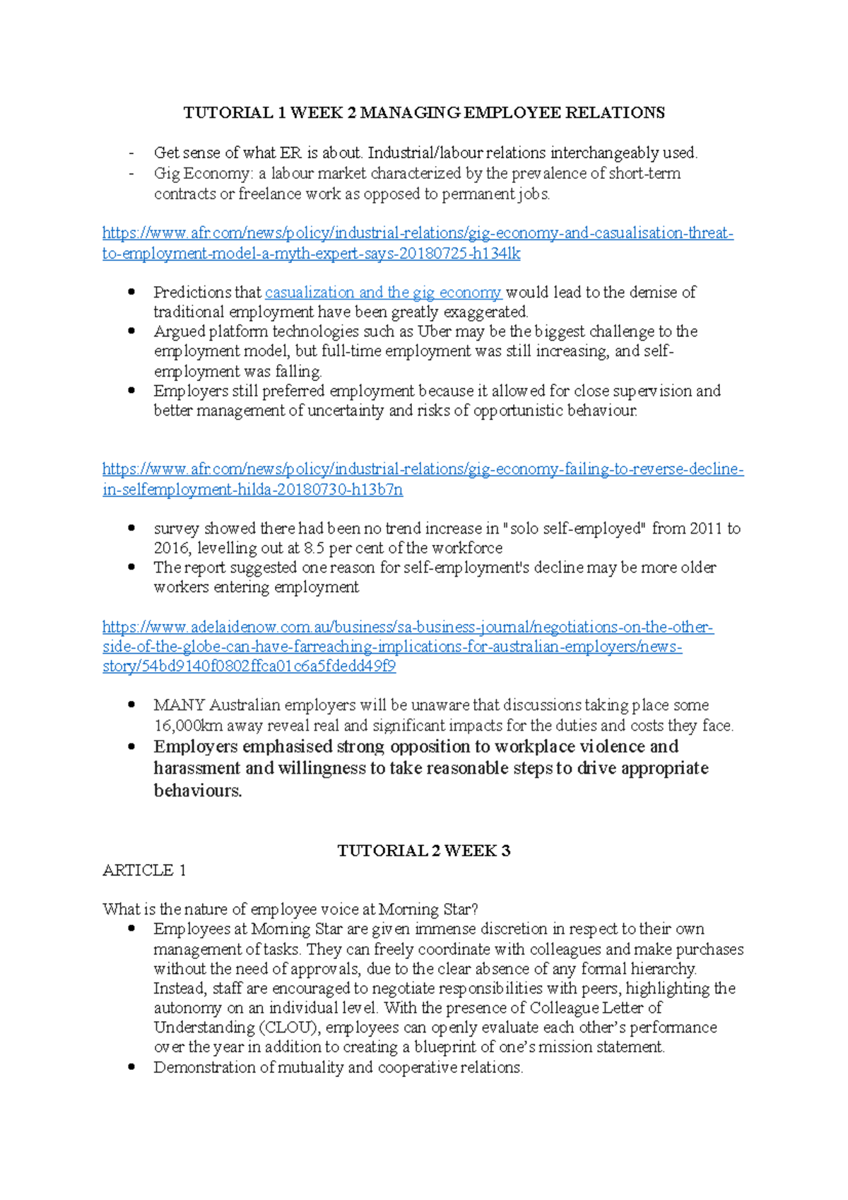MGMT Employee Relations Notes from Tut - TUTORIAL 1 WEEK 2 MANAGING ...