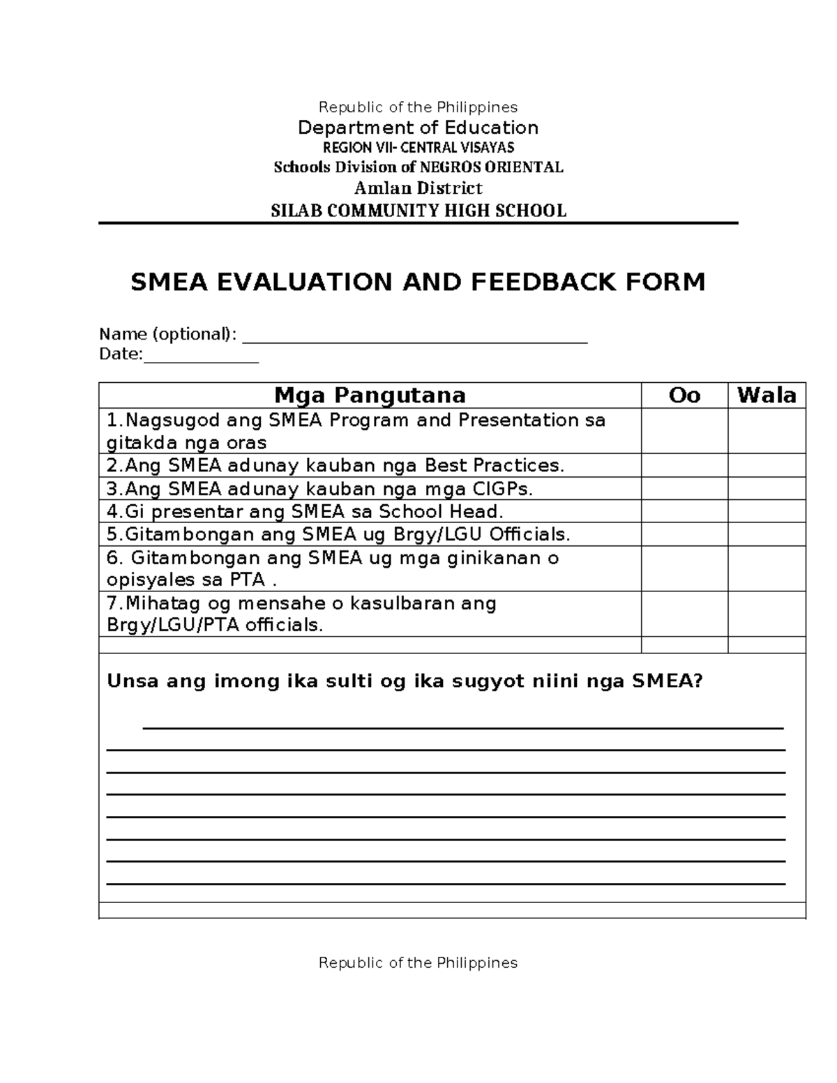 Feedback FORM - Republic of the Philippines Department of Education ...