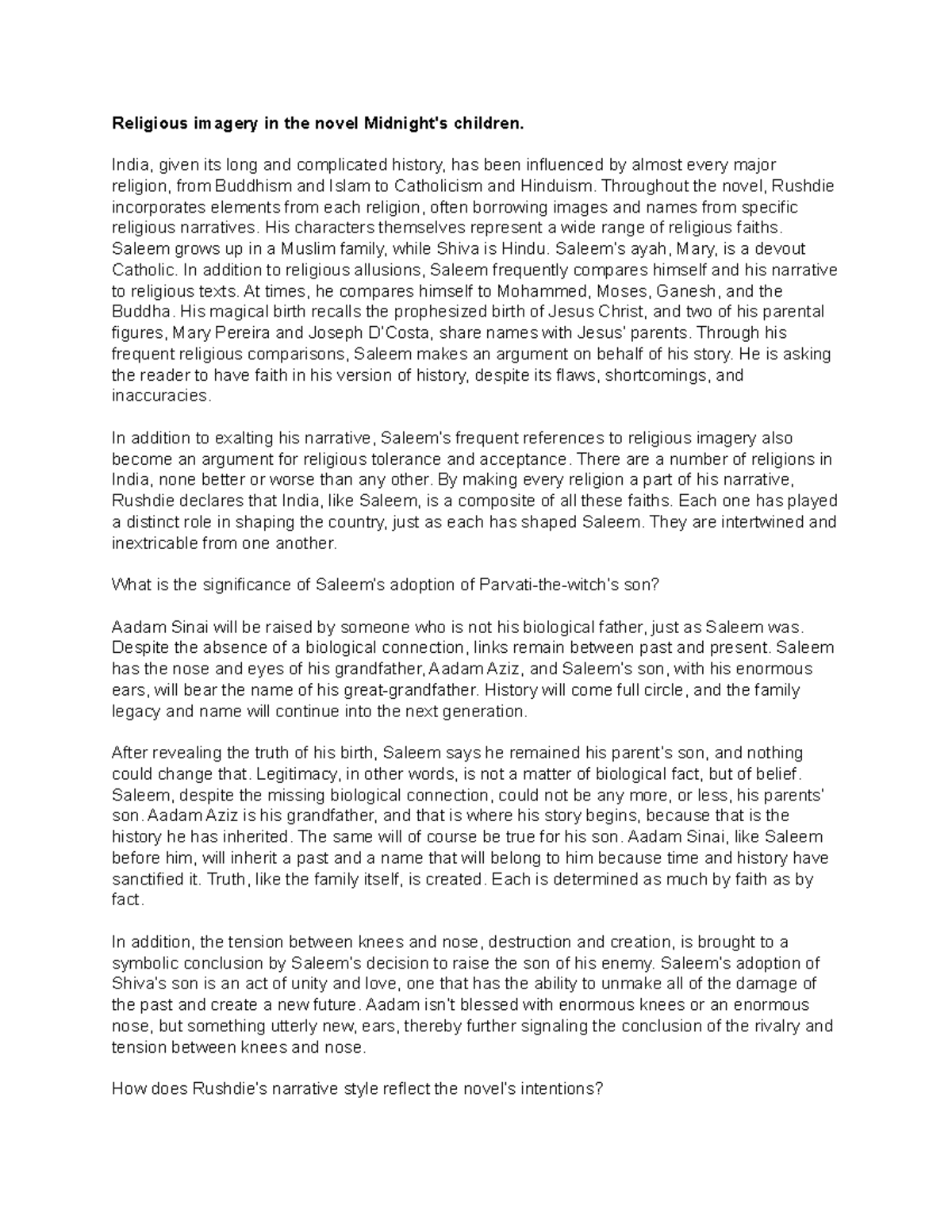 Religious imagery in the novel Midnight's children - India, given its ...