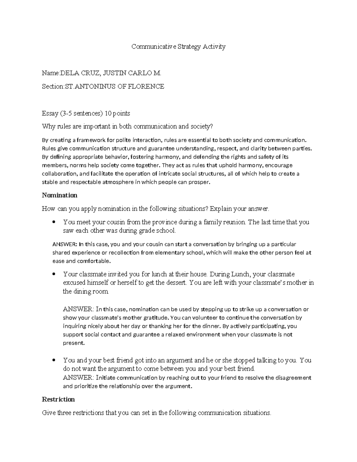 Strategies activity - assignment - Communicative Strategy Activity Name ...