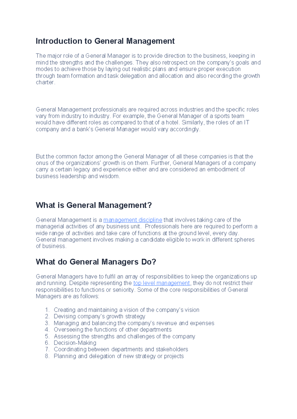 Introduction to General Management - They also retrospect on the ...