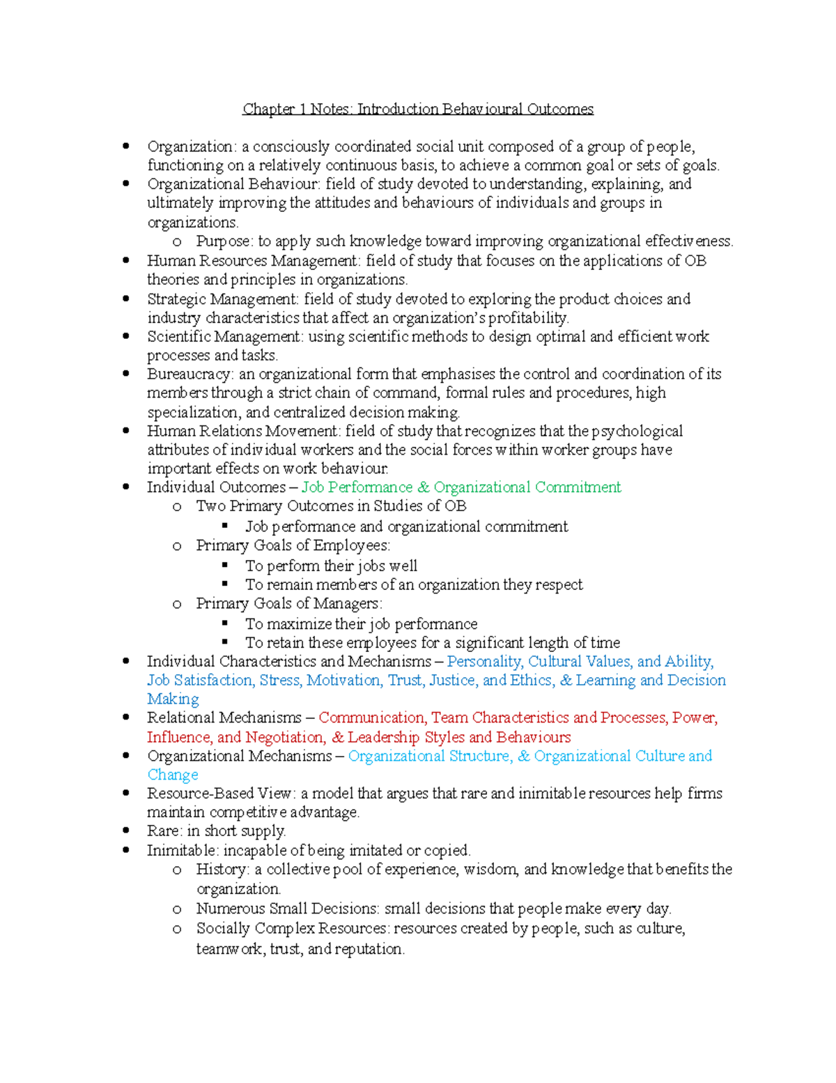 Chapter 1 Notes - Chapter 1 Notes: Introduction Behavioural Outcomes ...