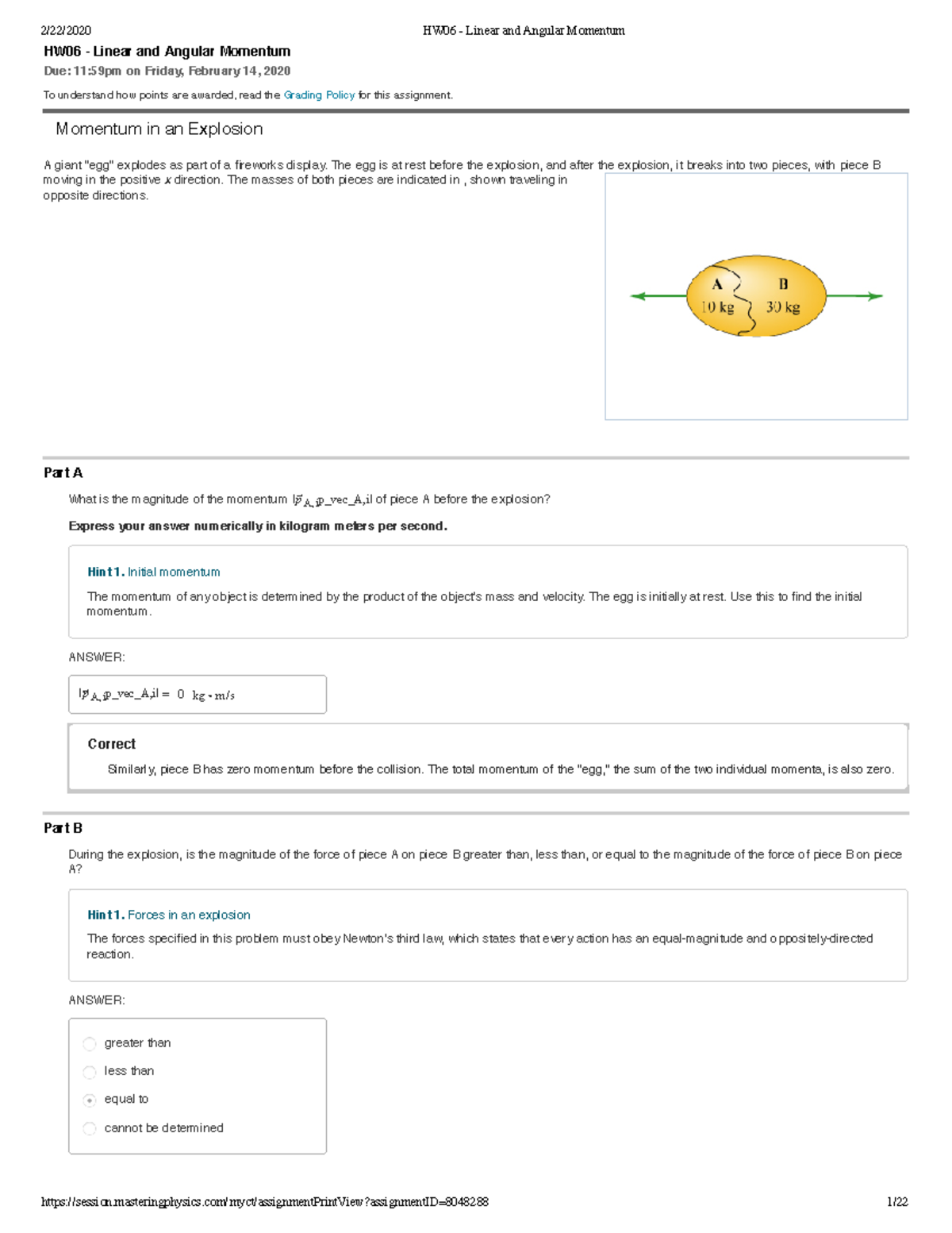 HW06 - Linear and Angular Momentum - Momentum in an Explosion A giant ...
