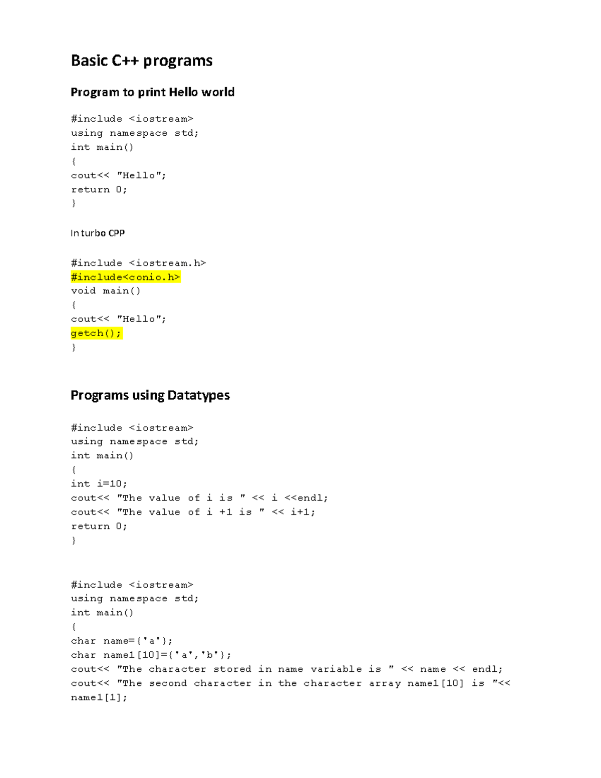 Basic C++ Programs - Lecture Notes - Basic C++ Programs Program To