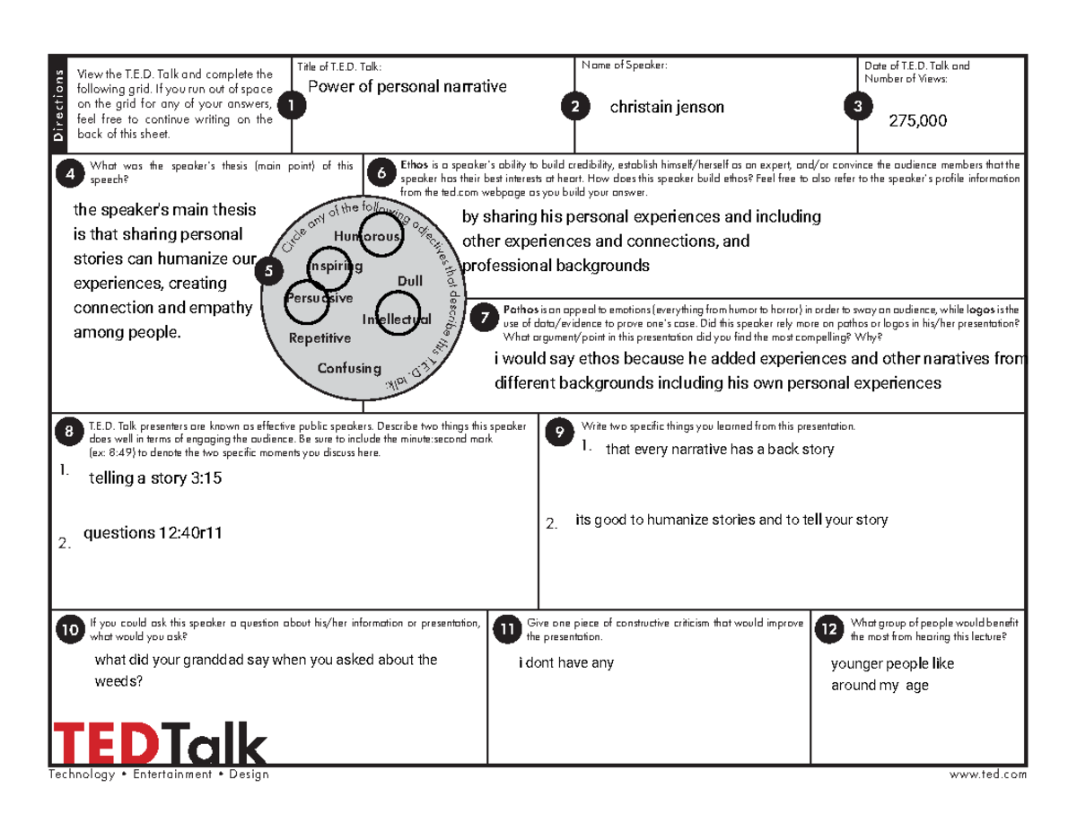 STU-Kenyon Morgan - TED Talks Worksheet - TEDTalk View the T.E. Talk ...