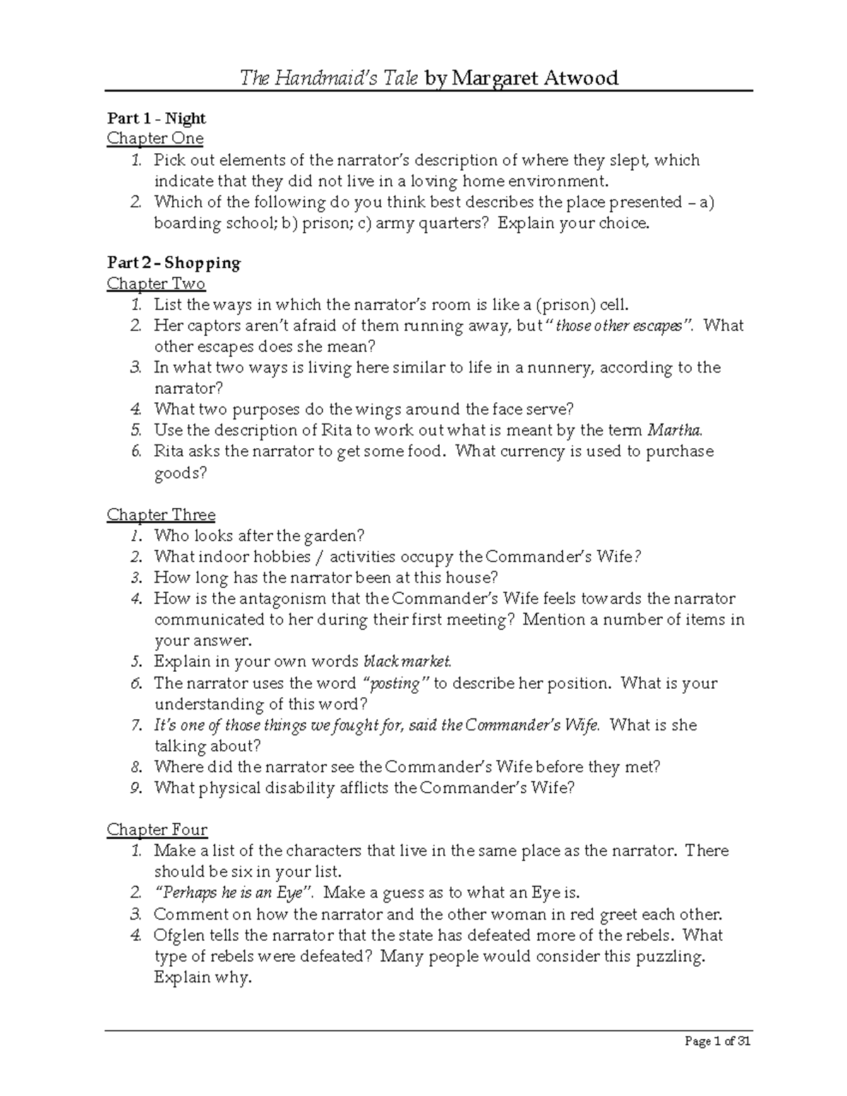 English - Part 1 - Night Chapter One 1. Pick out elements of the ...