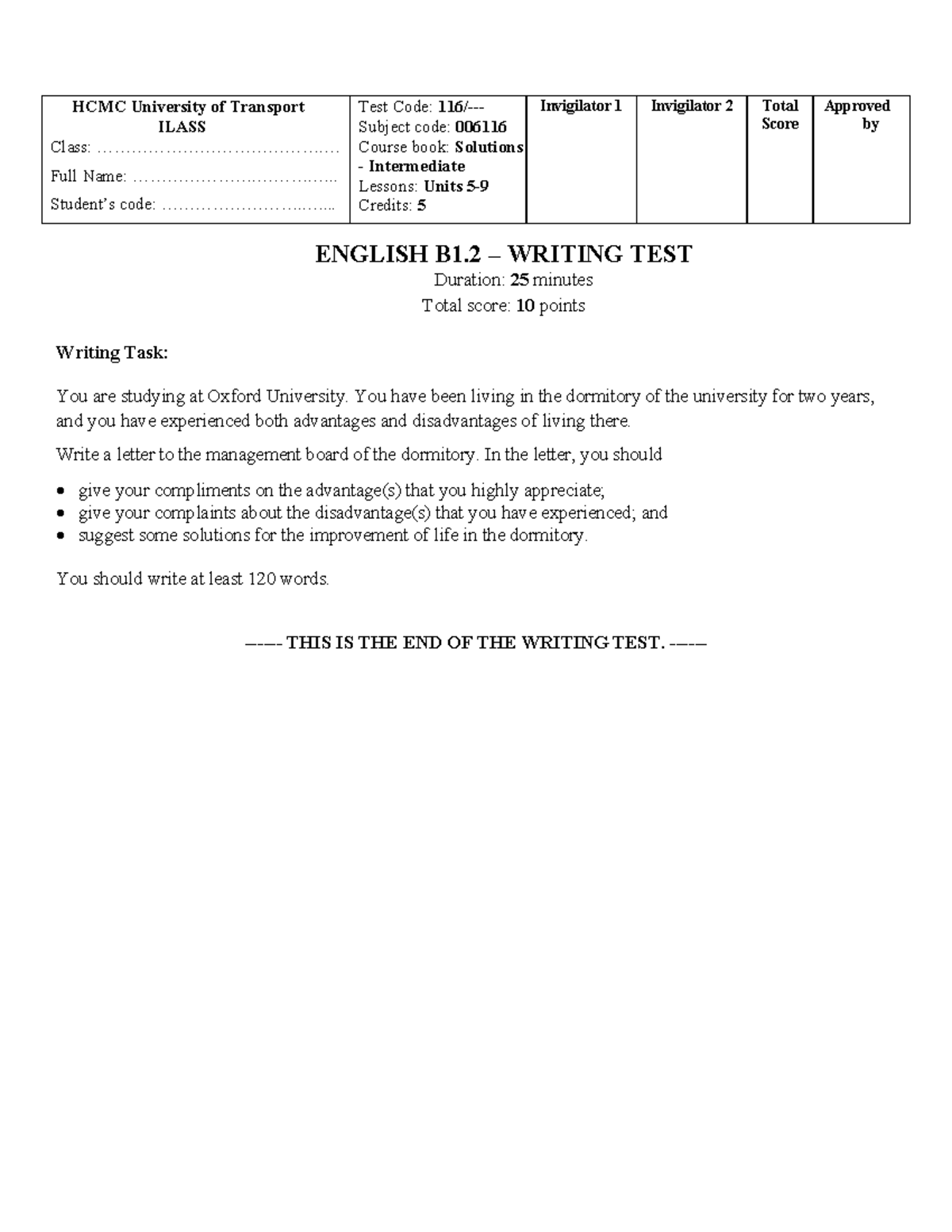 7-B1.2- Sample Writing TEST-15-06-2023 - ENGLISH B1 – WRITING TEST ...