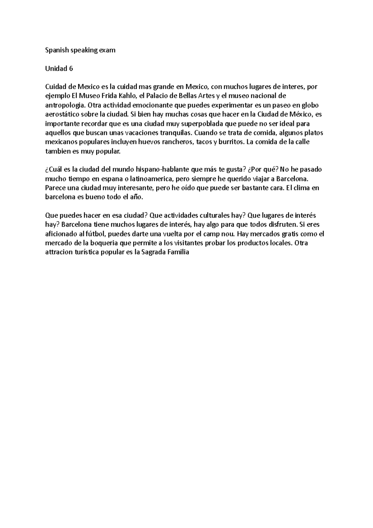 Spanish speaking exam unidad 6 - Spanish speaking exam Unidad 6 Cuidad ...