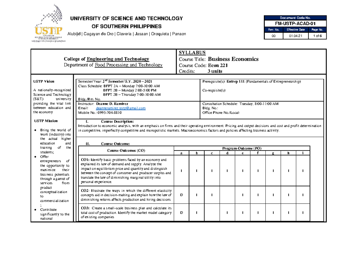 Standard OBE Syllabi Format Econ221w e signature - FM-USTP-ACAD- Rev ...