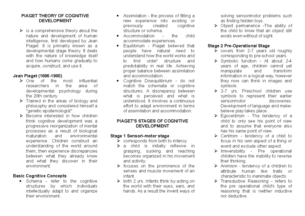 Different Theories - PIAGET THEORY OF COGNITIVE DEVELOPMENT is a ...