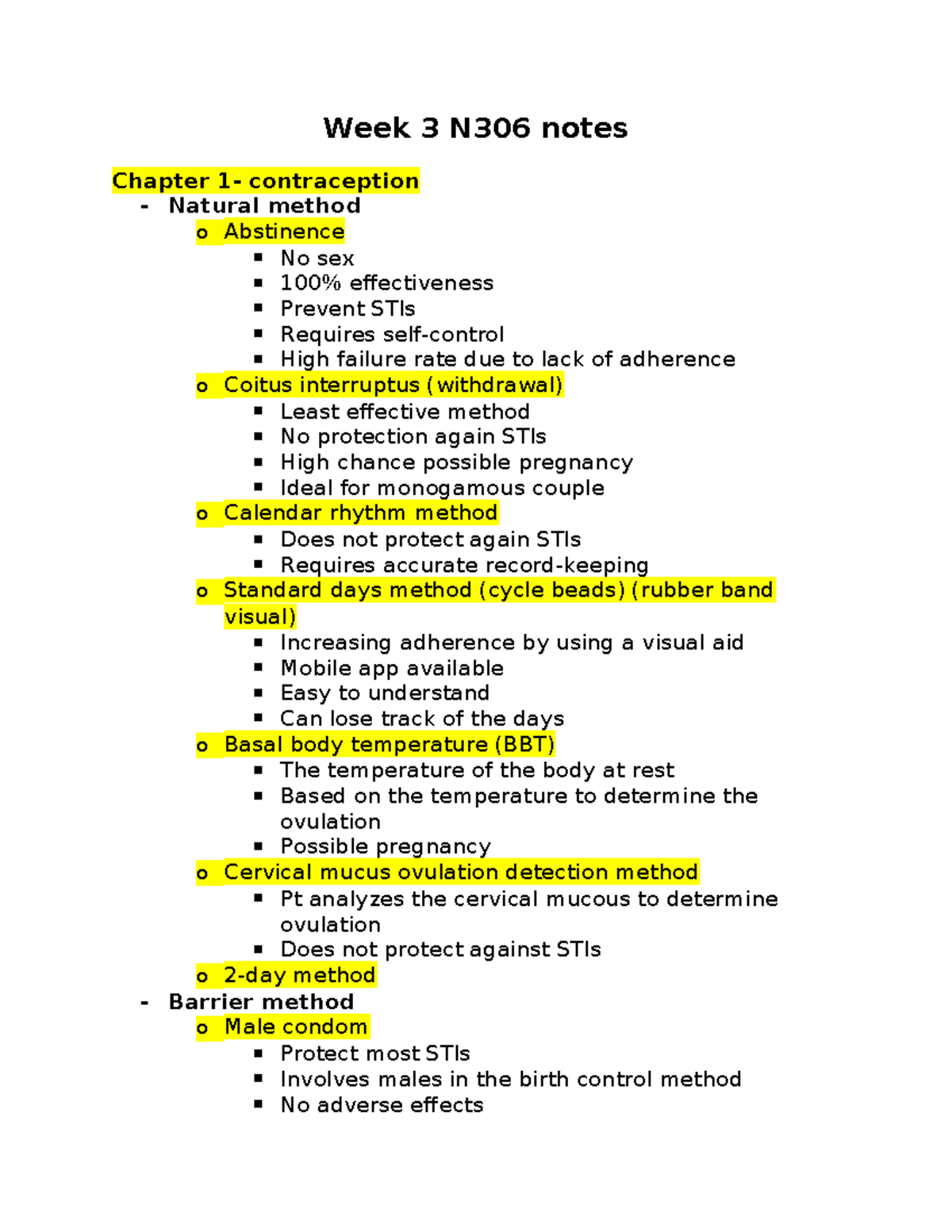 Week 3 N306 notes - Week 3 N306 notes Chapter 1- contraception ...