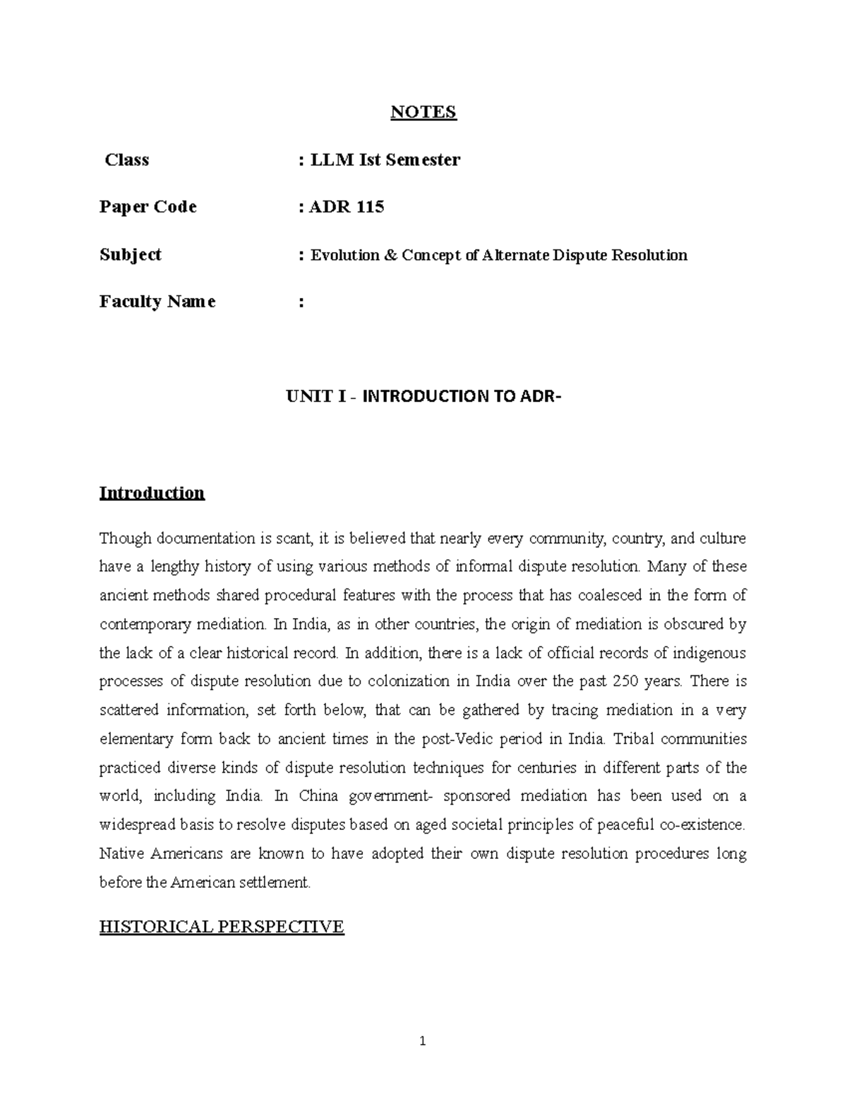 E-Notes - naaa - NOTES Class : LLM Ist Semester Paper Code : ADR 115 ...