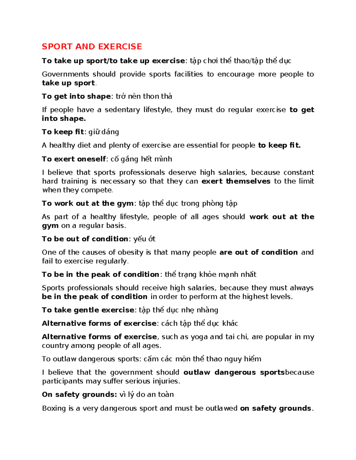 Sport AND Exercise - English - SPORT AND EXERCISE To take up sport/to ...