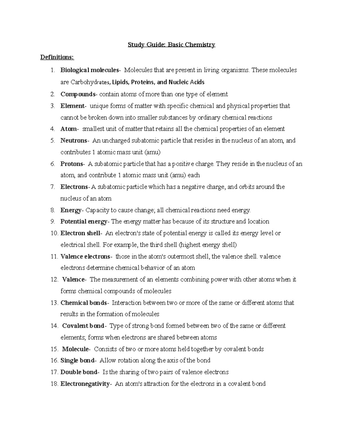 Study Guide 2 - Study Guide: Basic Chemistry Definitions: 1. Biological ...