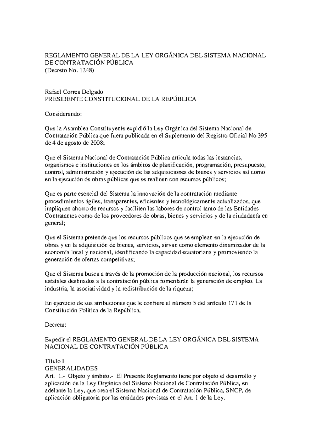 Reglamento General Losncp - REGLAMENTO GENERAL DE LA LEY ORGÁNICA DEL SISTEMA NACIONAL DE - Studocu