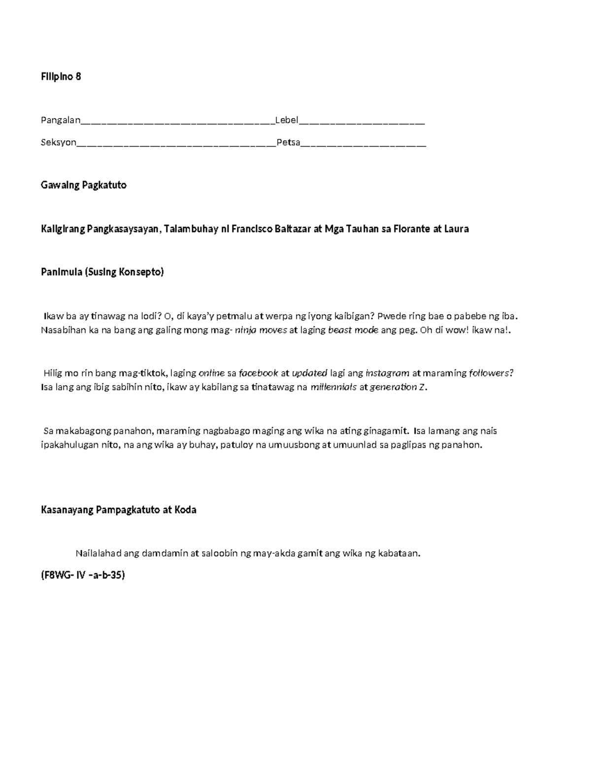 Filipino 8 Asynchronous Topic - Filipino 8 - Studocu