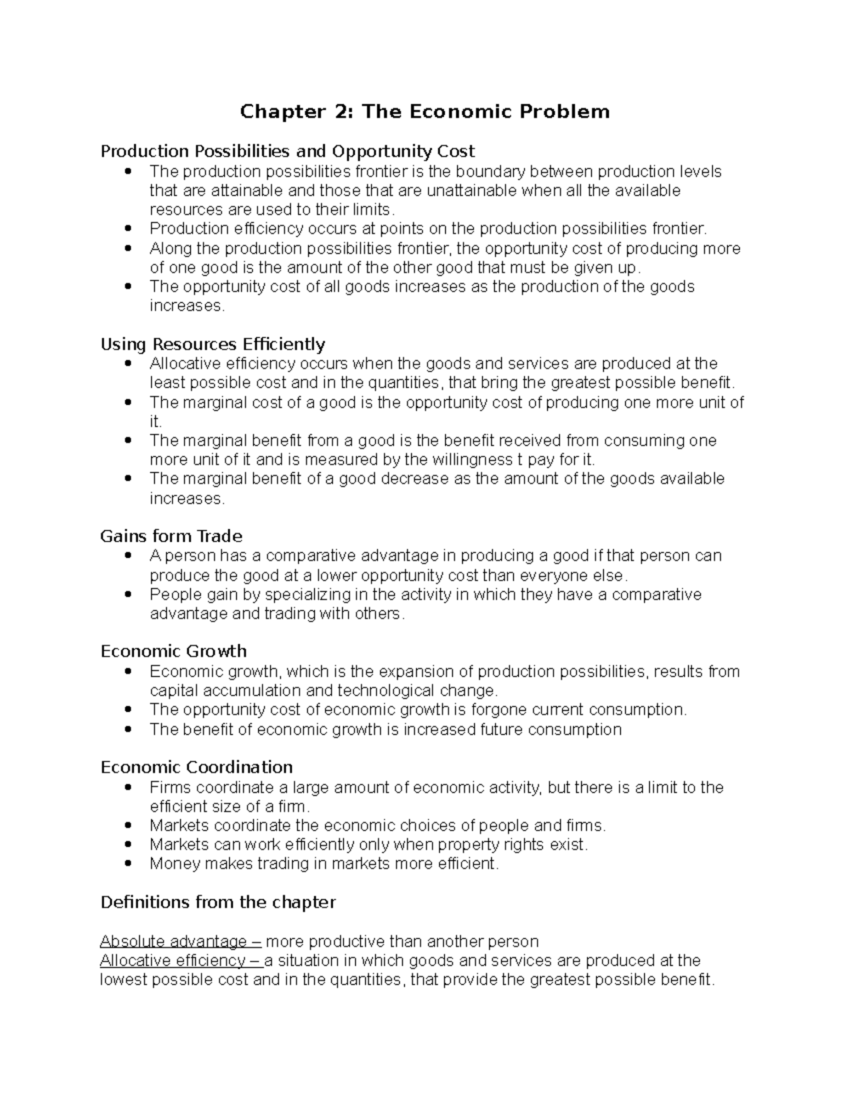 Chapter 2 Note - kd kdsns - Chapter 2: The Economic Problem Production ...