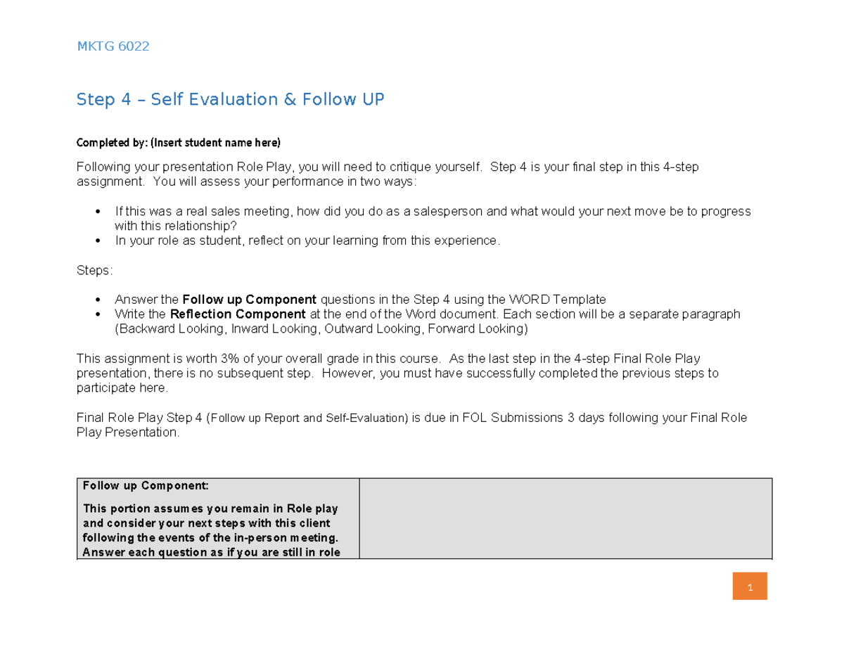 MKTG6022Final Role Play Step 4Templaterev 2 - Step 4 – Self Evaluation ...