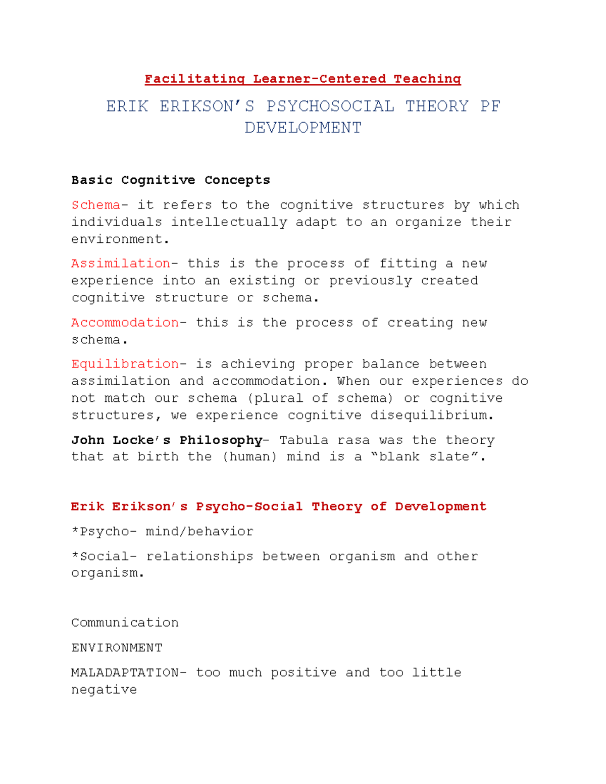 ERIK Erikson’S Psycho- Social Theory PF Development - Facilitating ...