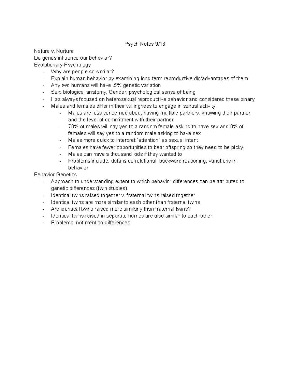 Psych notes 9 16 - Psych Notes 9/ Nature v. Nurture Do genes influence ...