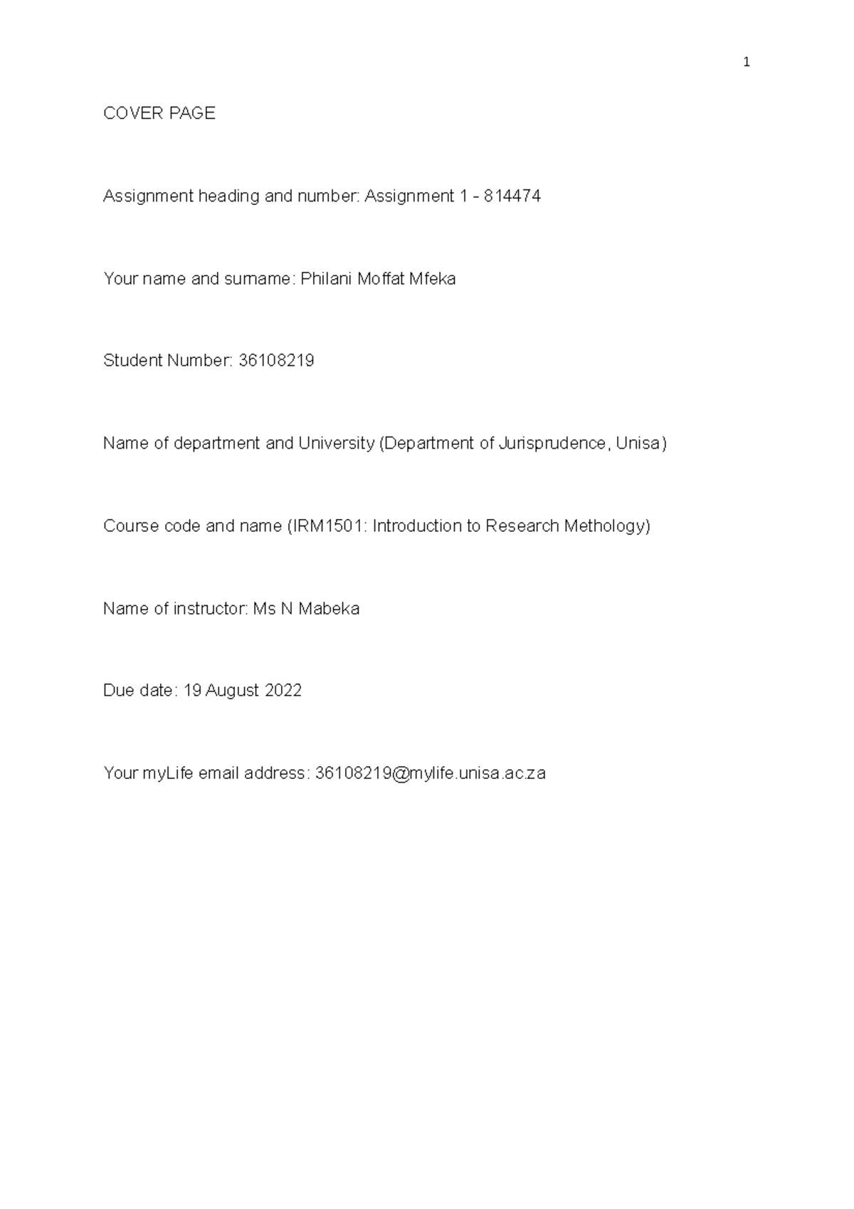 Assignment 1 - Second semester - COVER PAGE Assignment heading and ...