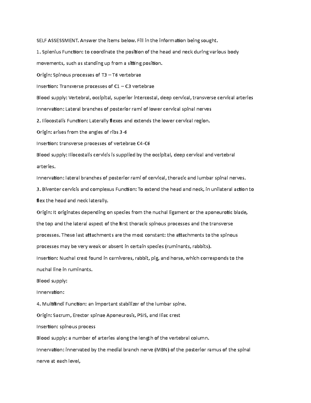 THE Muscular System OF THE DOG 2 - SELF ASSESSMENT. Answer the items ...