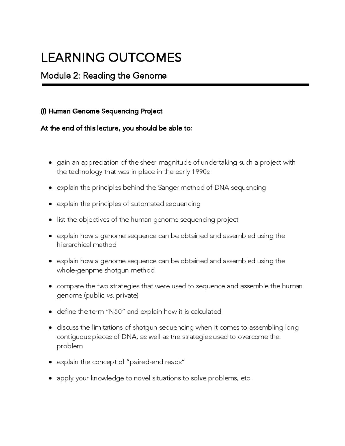 Module 2 LO - LEARNING OUTCOMES Module 2: Reading the Genome (i) Human ...
