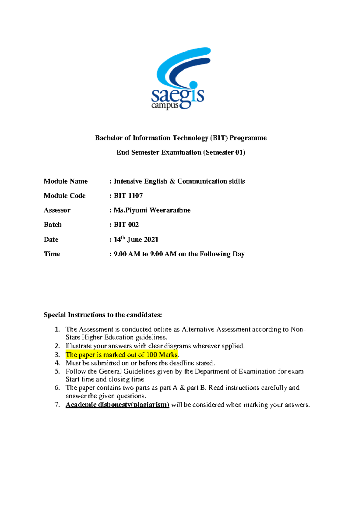 BIT - Final examination BIT 1107 - Bachelor of Information Technology ...