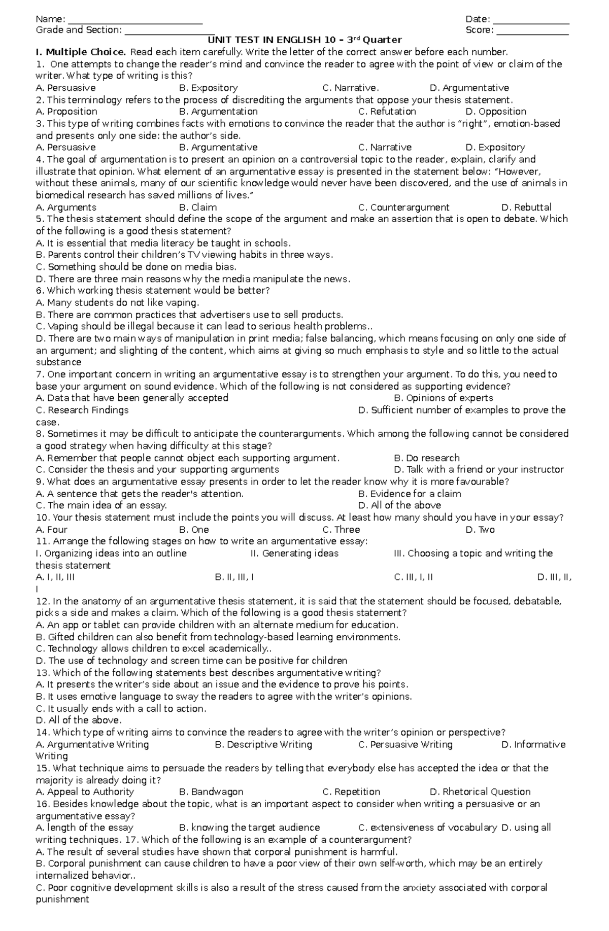 UNT TEST Summative 3RD Q - Name: ______________________________ Date ...