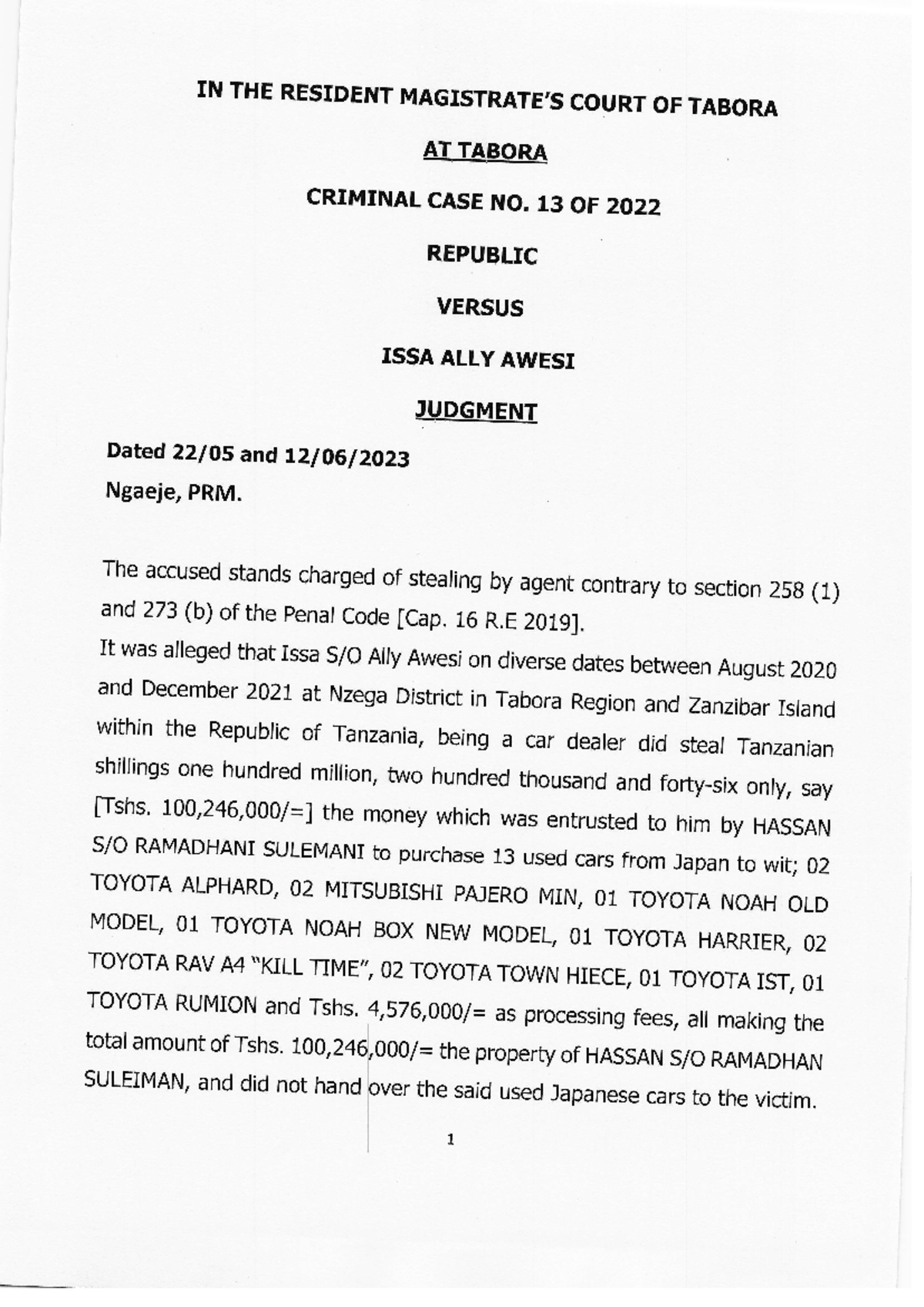Judgment - Republic v. Issa Ally Awesi, Criminal Case No. 13 of 2022 G ...