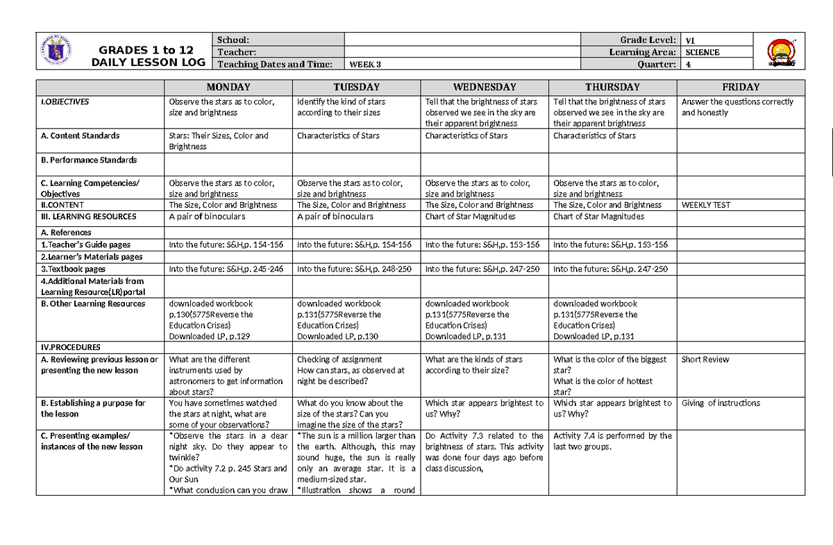 Grade 6 DLL Science 6 Q4 Week 3 - GRADES 1 to 12 DAILY LESSON LOG School: Grade Level: VI ...