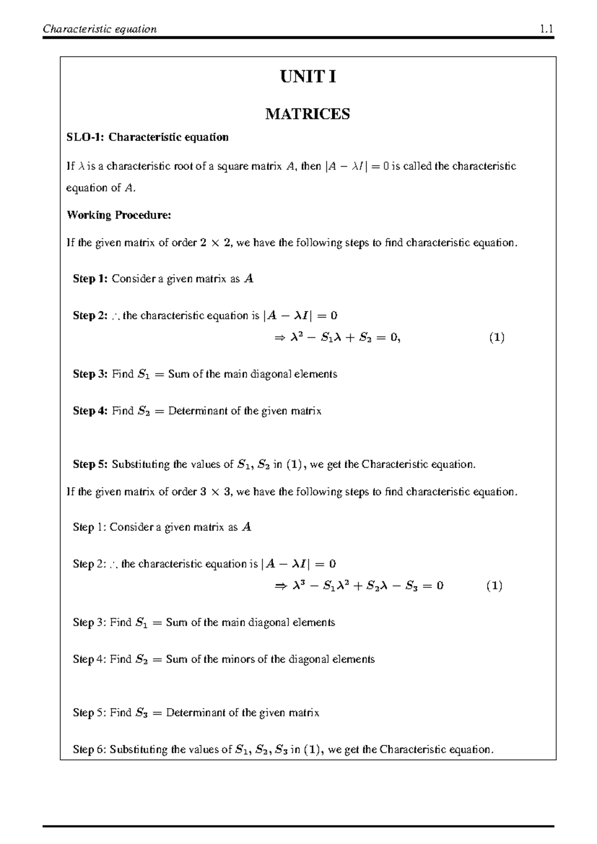 matrix unit 1 maths - Characteristic equation 1. UNIT I MATRICES SLO-1: Characteristic equation ...