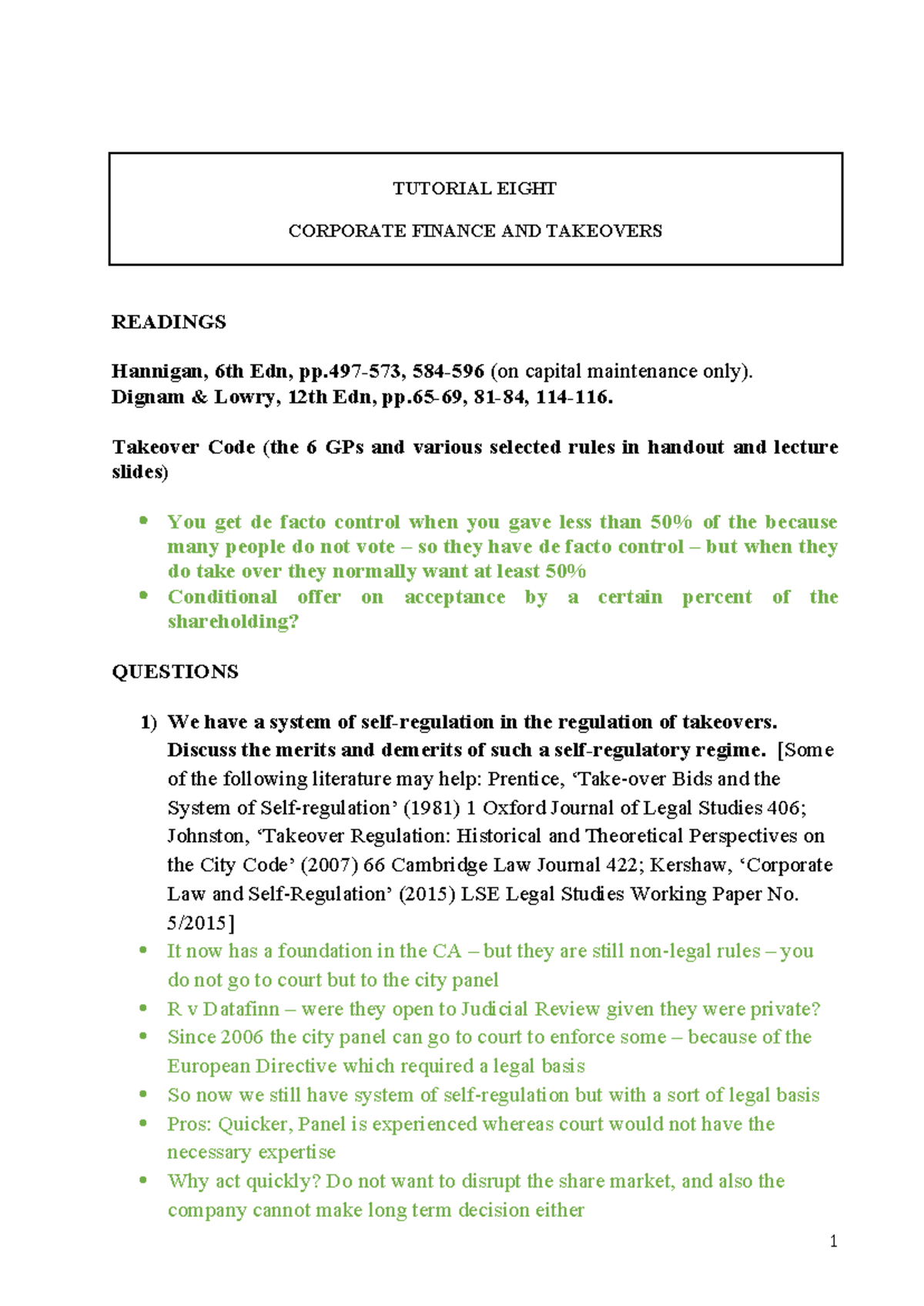 Company Law-Tutorial Sheet 8 - TUTORIAL EIGHT CORPORATE FINANCE AND ...