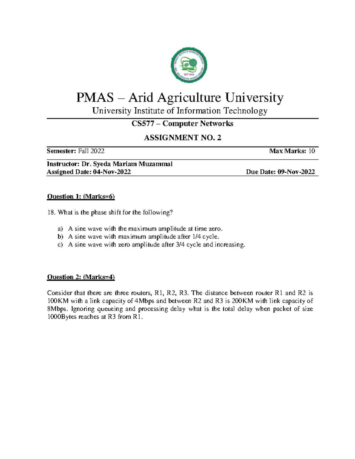 Assignment 2 - PMAS – Arid Agriculture University University Institute ...