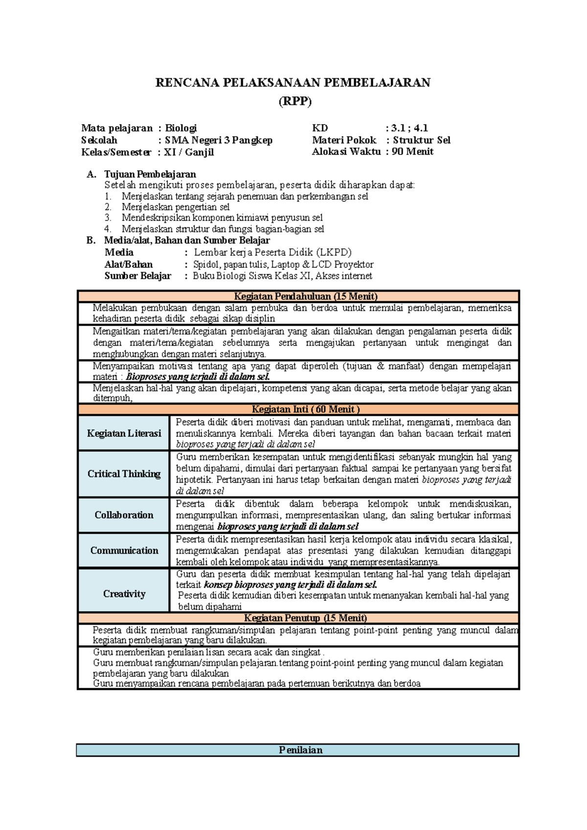 RPP Struktur Sel - Rencana Pelaksanaan Pembelajaran - RENCANA ...