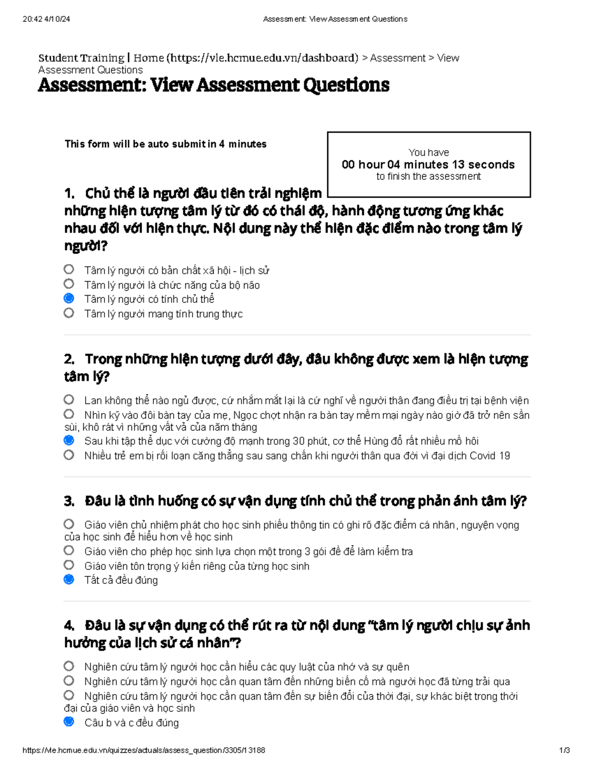 Assessment View Assessment Questions tam li hoc - Student Training ...