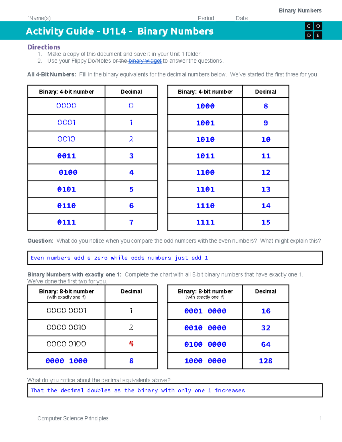 Copy of U1L4 - Activity Guide - Binary Numbers - Binary Numbers - Studocu