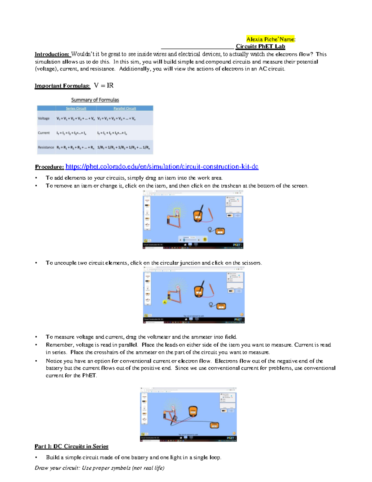 Phet Circuits - Alexia Piche’Name: ________________________ Circuits ...