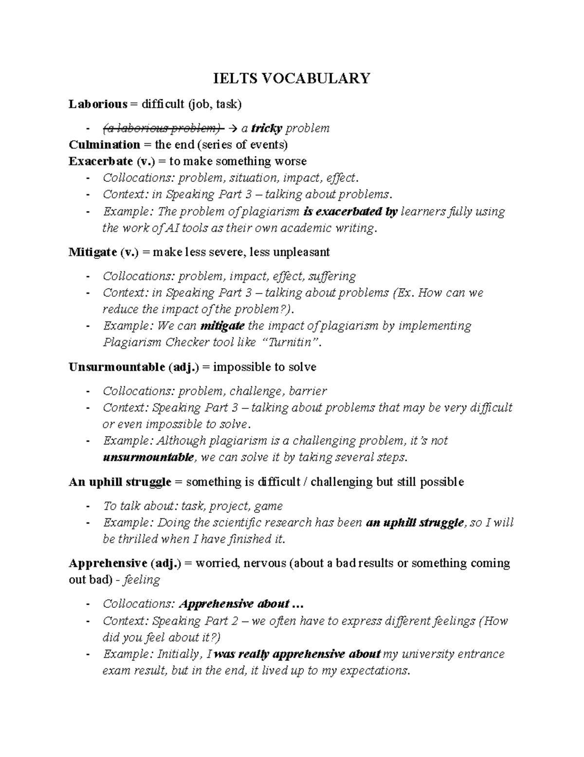 Ielts Vocabulary - IELTS VOCABULARY Laborious = difficult (job, task ...