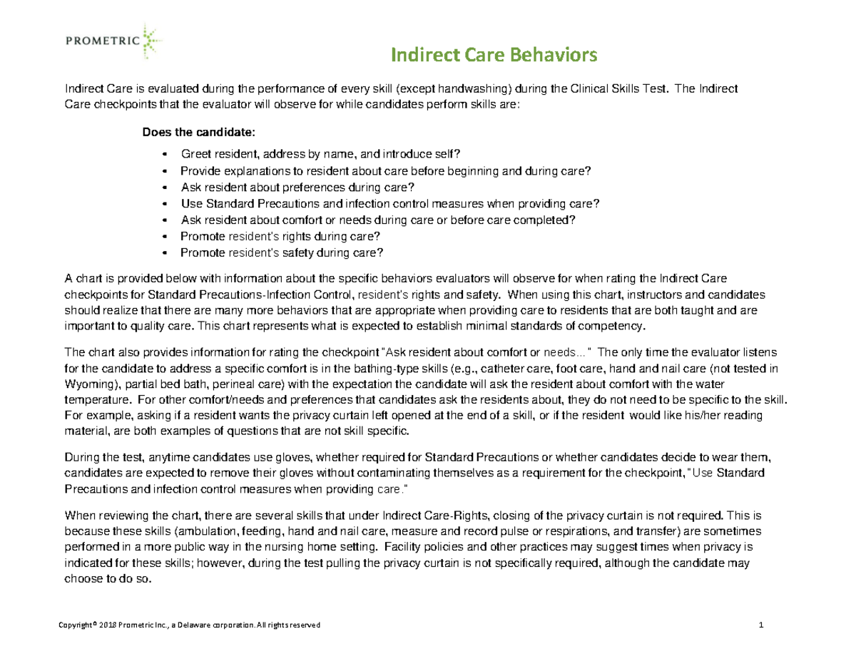 Indirect Care Behaviors - Indirect Care is evaluated during the ...