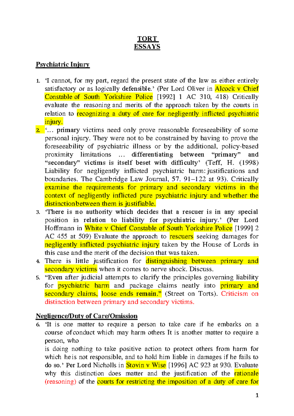 TORT Essays - Tort essay - TORT ESSAYS Psychiatric Injury ‘I cannot, for my part, regard the ...