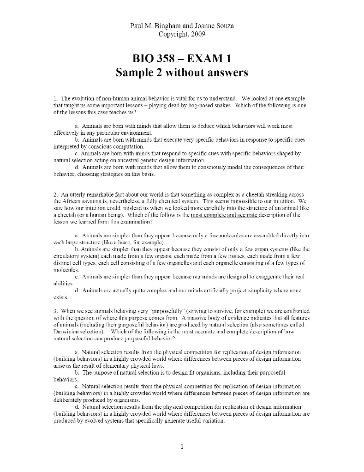 Sample Exam 2 without answers -BIO 358.01 Biology and Human Social and ...