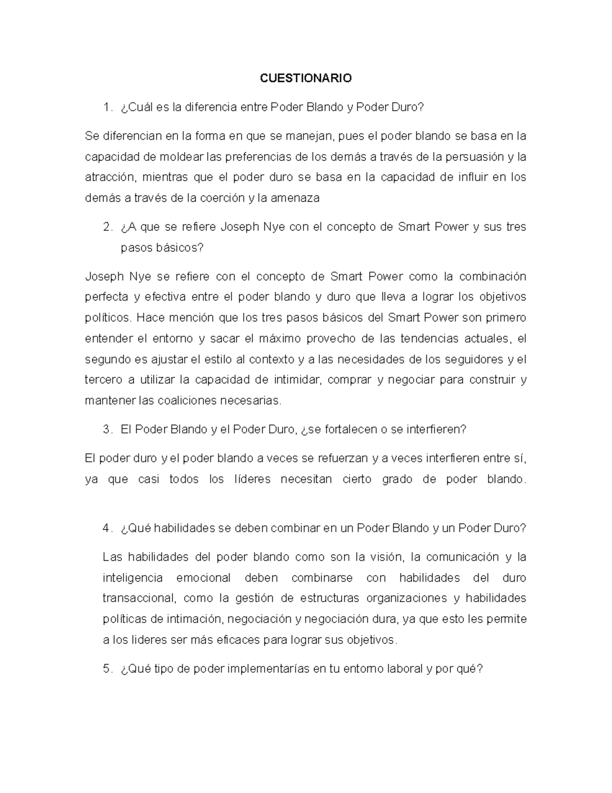 Ensayo - El poder blando, poder duro y liderazgo - CUESTIONARIO ¿Cuál ...