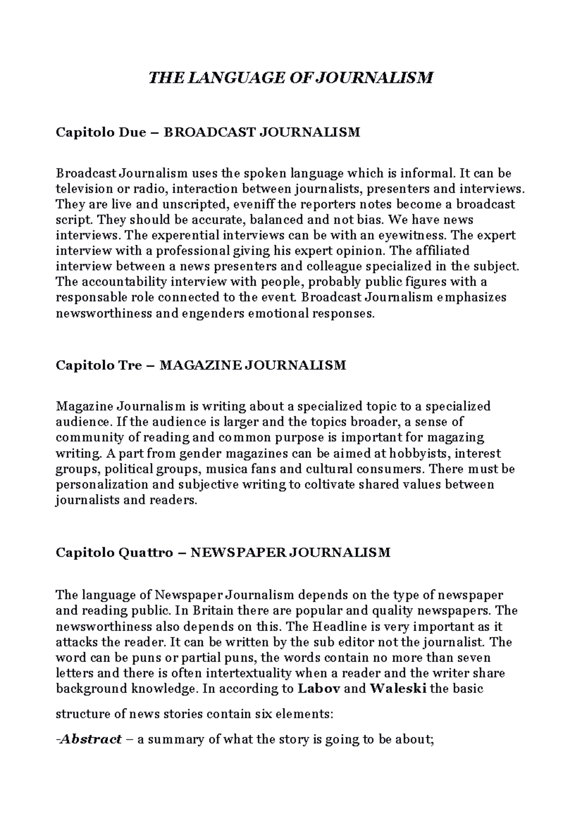 THE Language OF Journalism - THE LANGUAGE OF JOURNALISM Capitolo Due ...