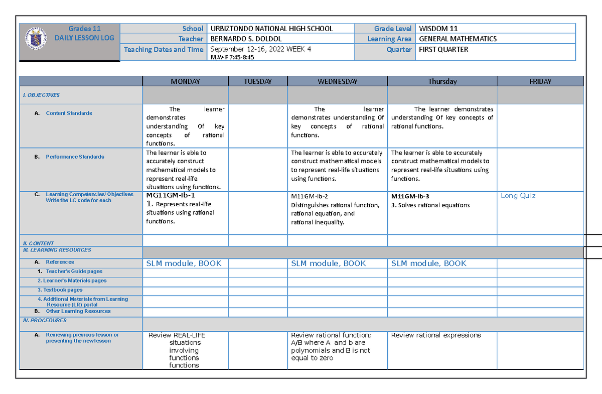 4. DLP- template gen math - Grades 11 DAILY LESSON LOG School ...