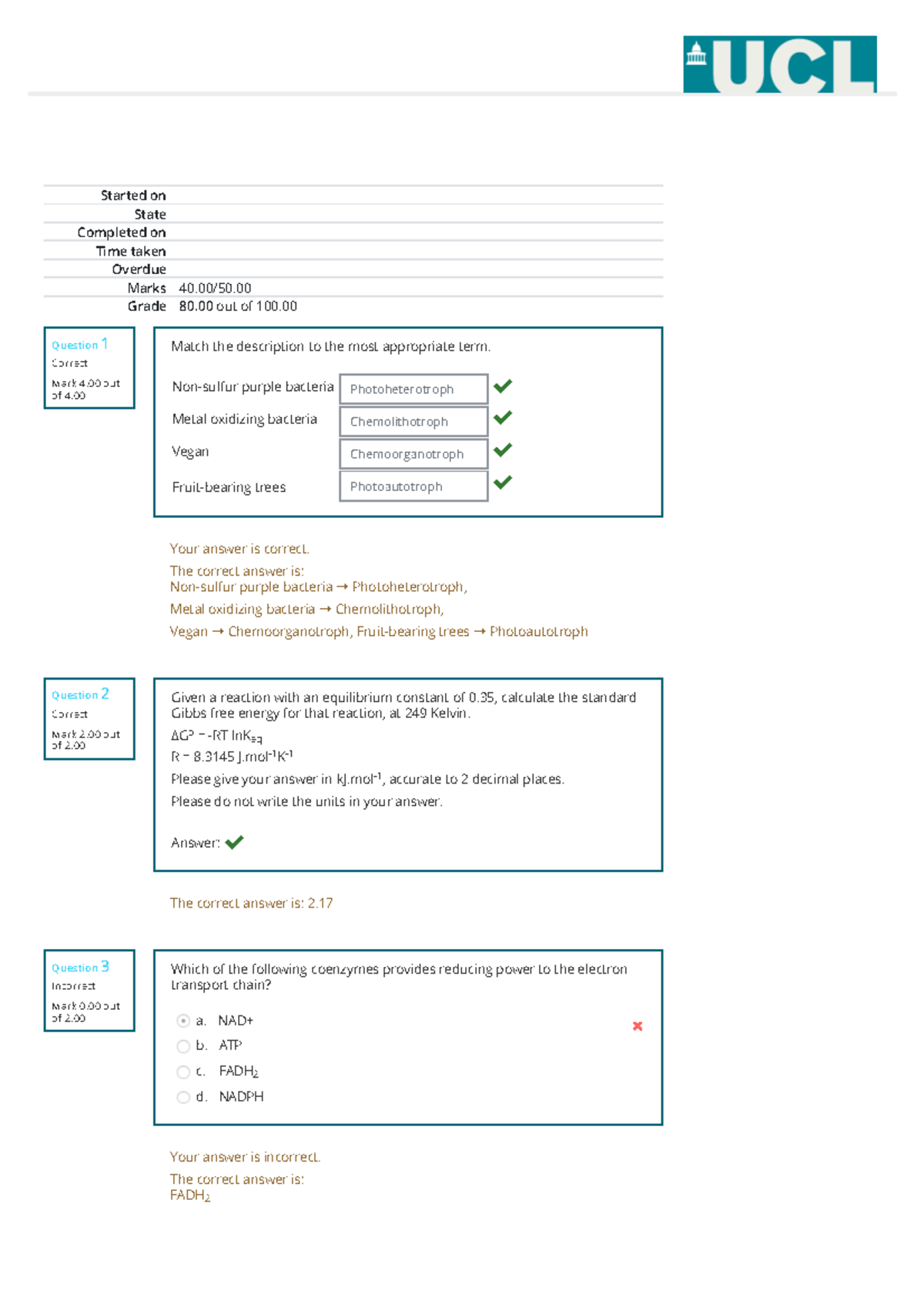 Test 3 – Metabolism - Test 3 – Metabolism - Question 1 Correct Mark 4 ...