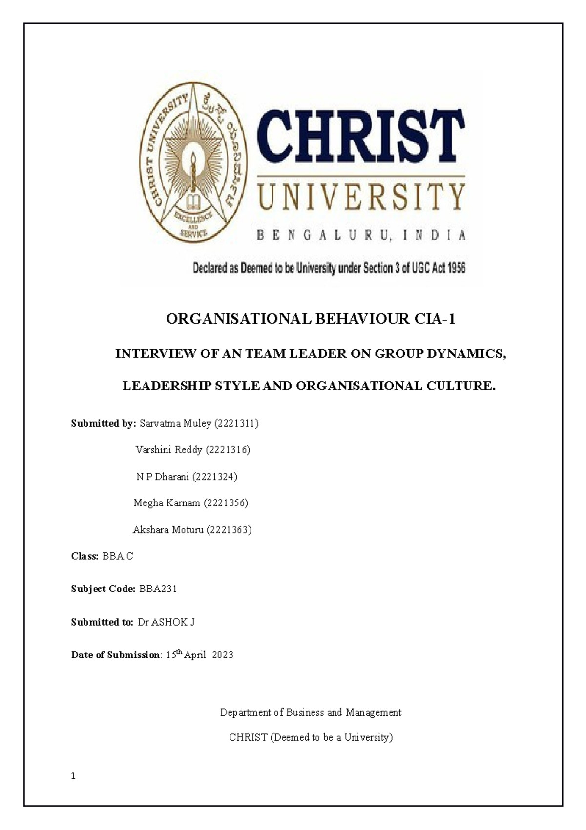 Ob cia - cia 1 - ORGANISATIONAL BEHAVIOUR CIA- INTERVIEW OF AN TEAM ...