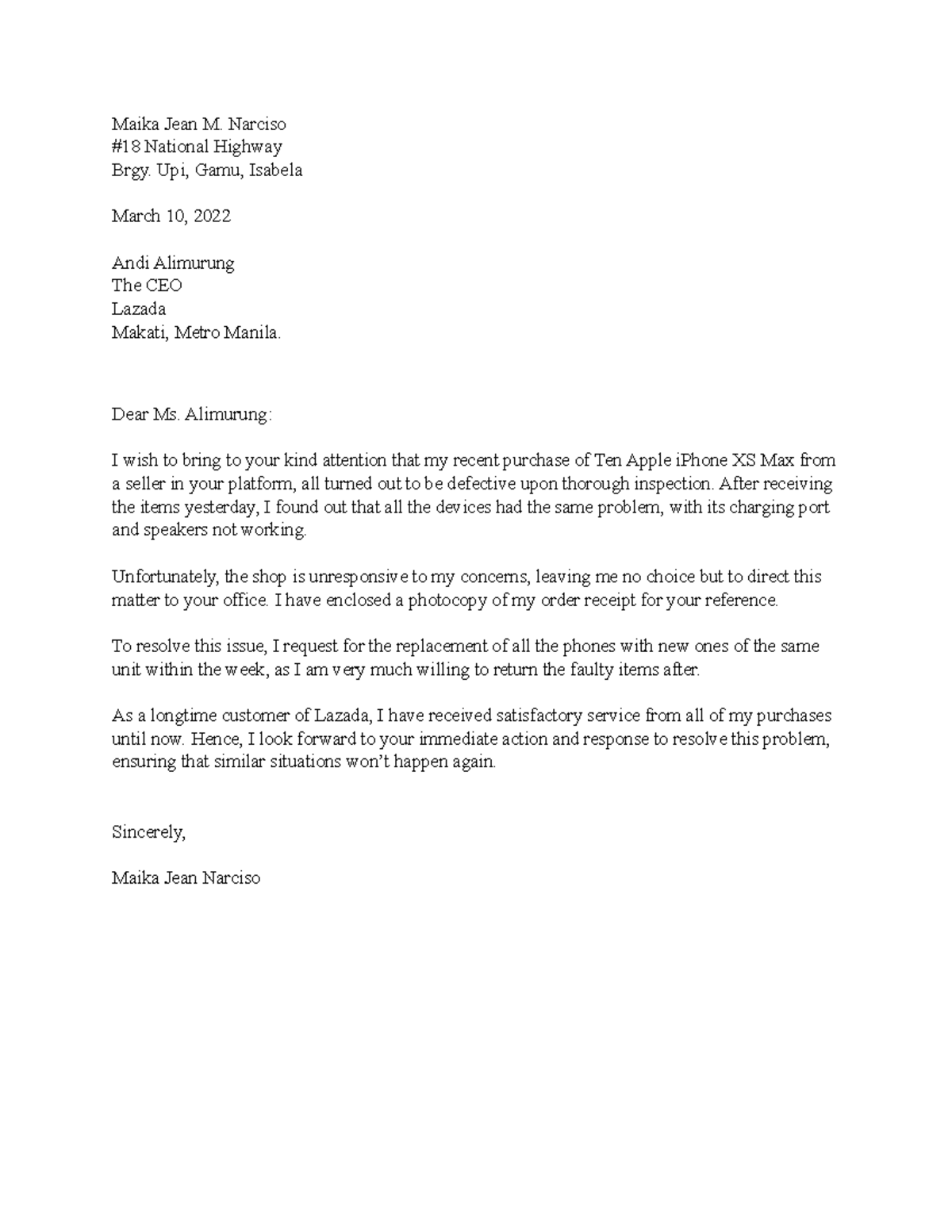 Letter FOR Replacement - Maika Jean M. Narciso #18 National Highway ...