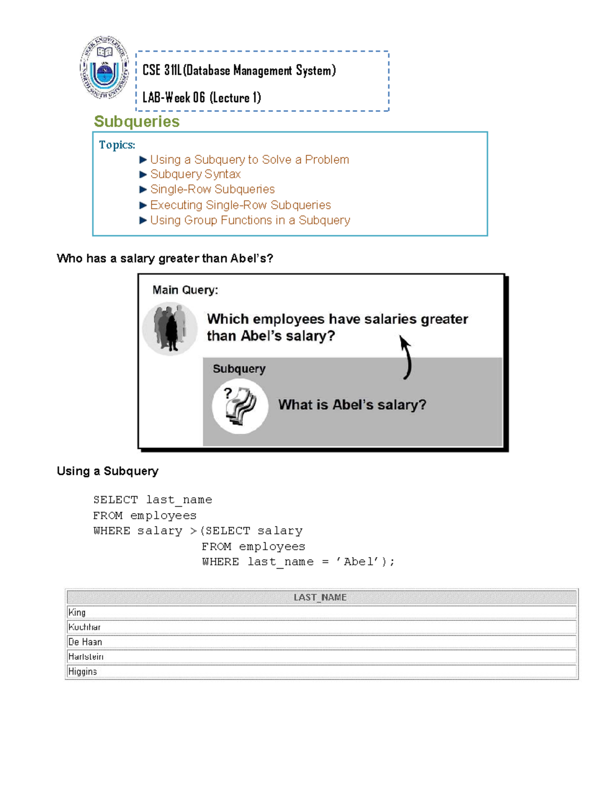311L W6 - CSE 311L(Database Management System) LAB-Week 06 (Lecture 1) Subqueries Topics: Using ...