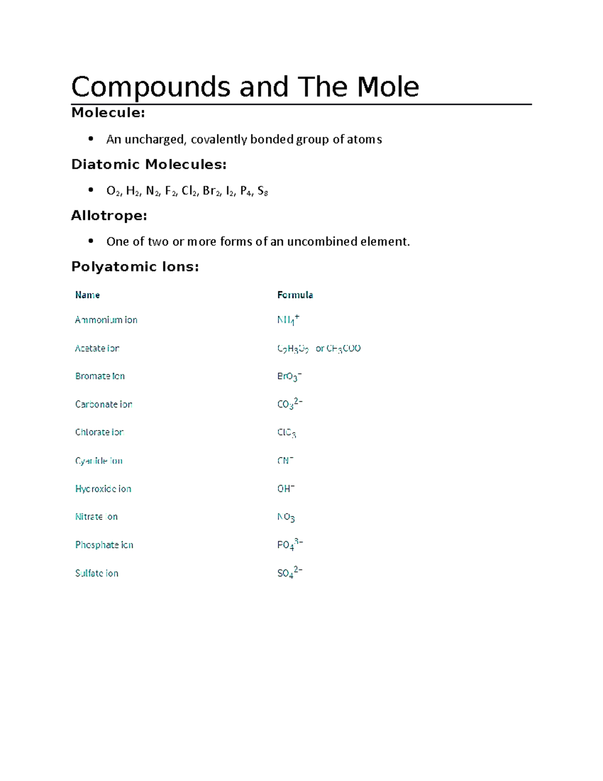 3. Compounds and The Mole - CHEM 1211K - Compounds and The Mole ...